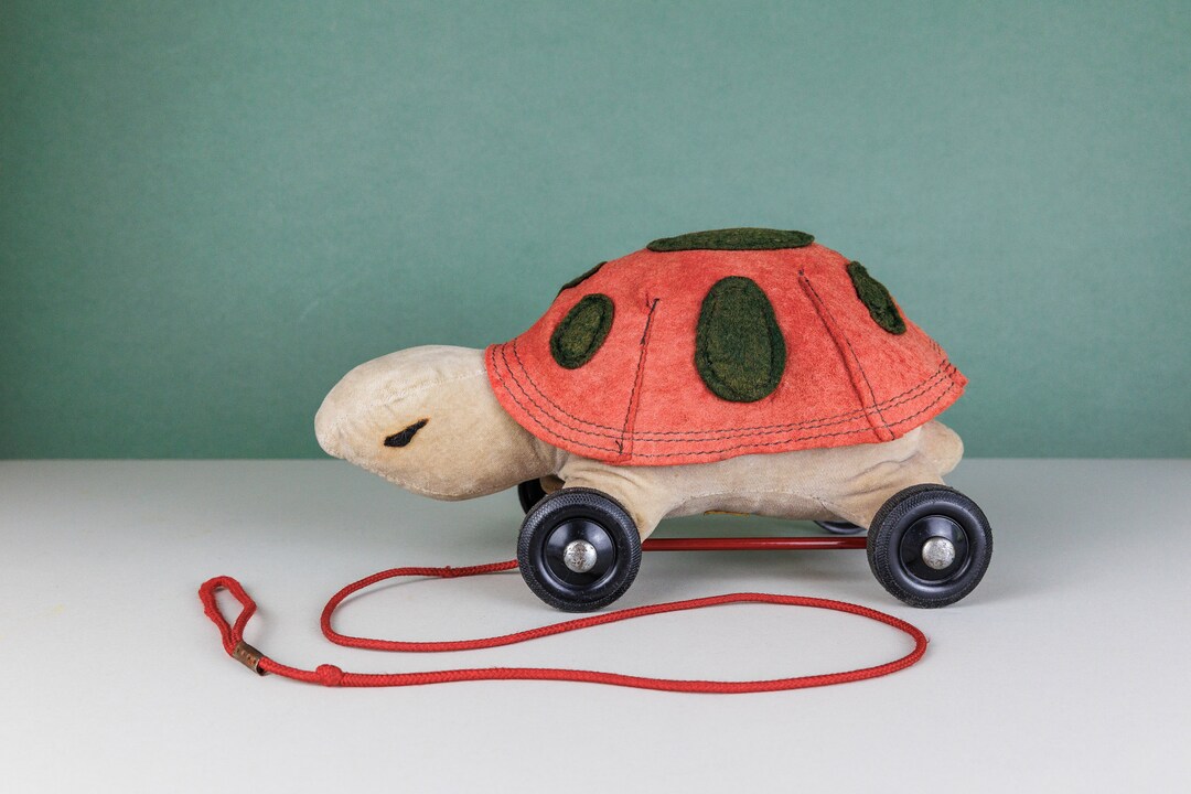 Vintage British Merrythought Plush Felt Turtle on Wheels, Pull Along ...