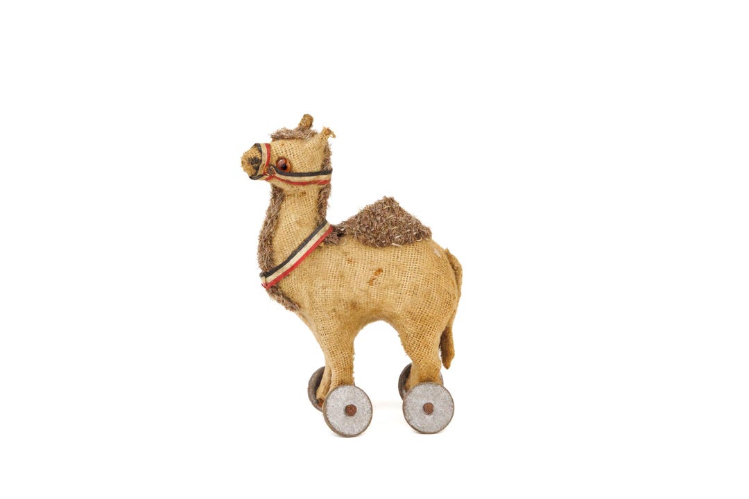Small Antique Threadbare Miniature Camel on Wheels, Hard Stuffed, Early ...