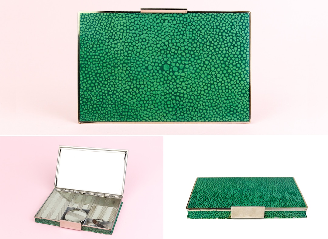 Vintage Art Deco Green Enamel Faux Shagreen Metal Austria Flapjack ...