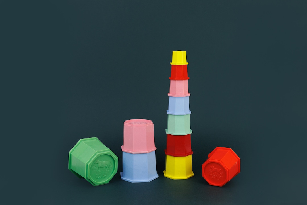Vintage Colourful Early Plastic Octagonal Nesting Toy Stacking Cups ...