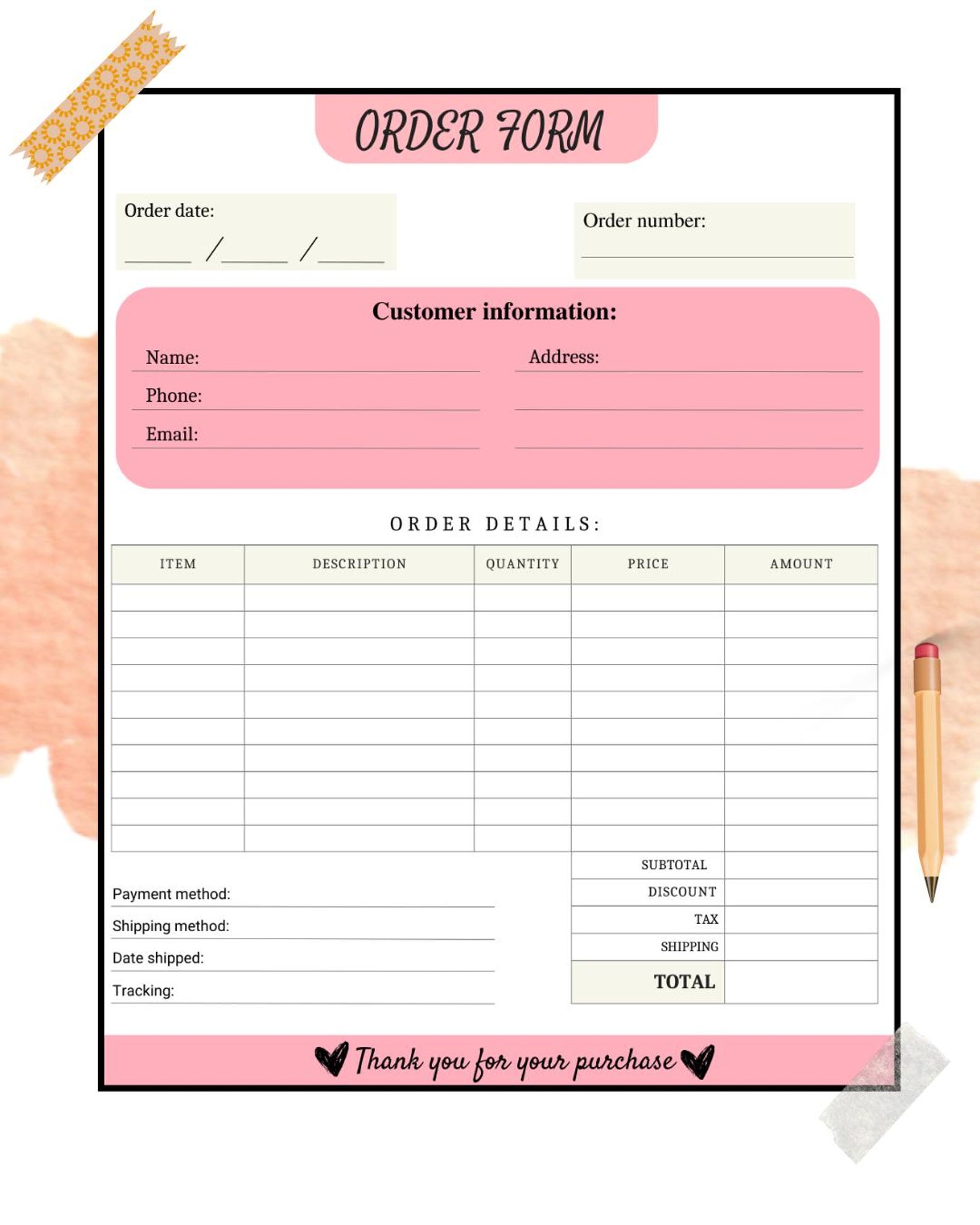Editable and Printable Order Form, Small Business Template, Billing ...