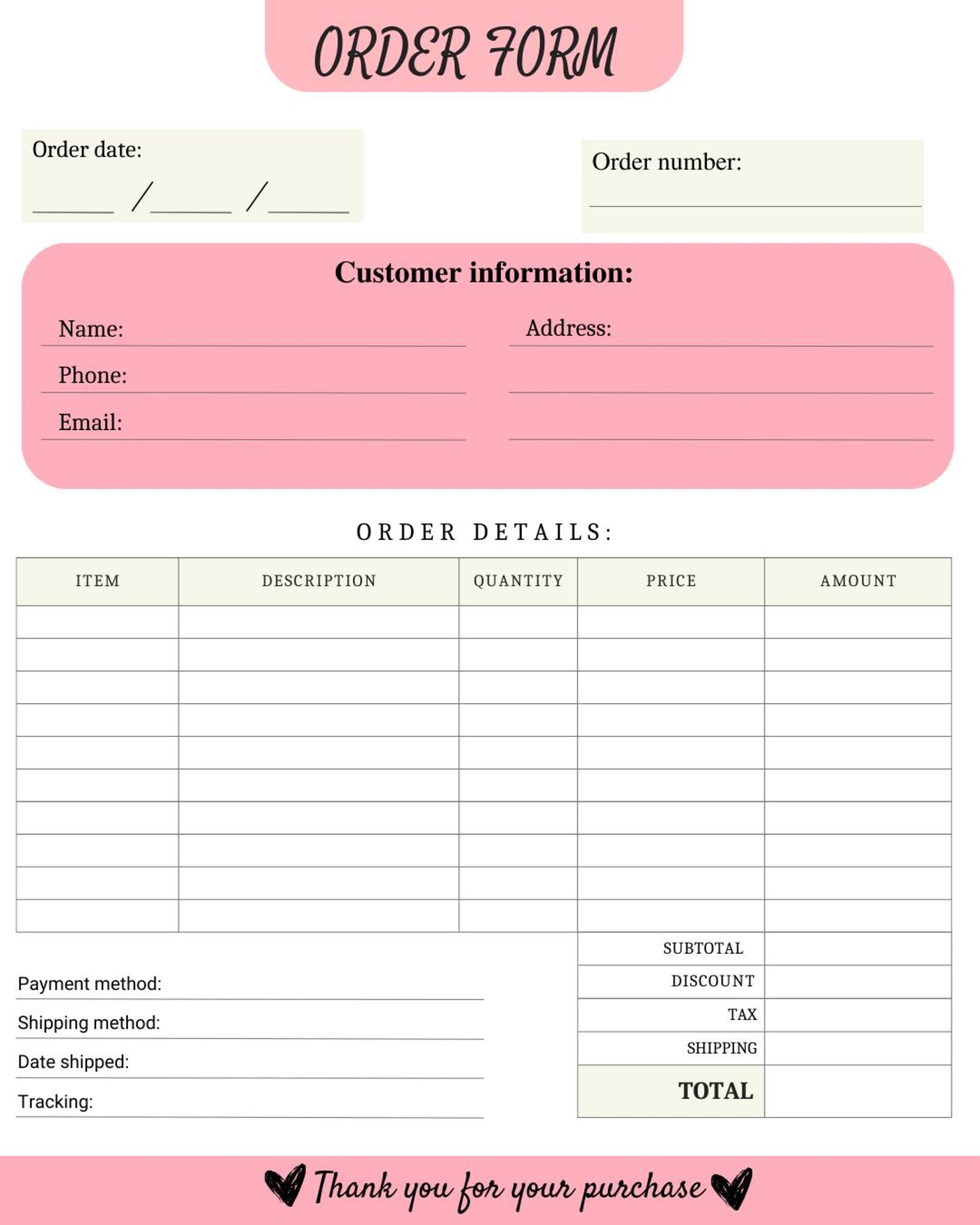 Editable and Printable Order Form, Small Business Template, Billing ...