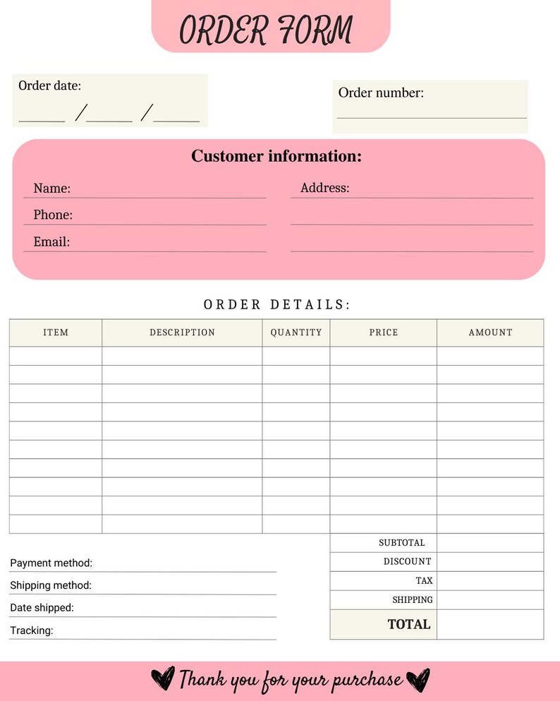 Editable and Printable Order Form, Small Business Template, Billing ...