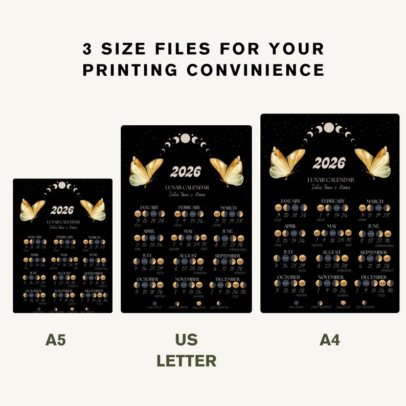 2026 Lunar Calendar Printable – Moon Phases, A4 A5 US Letter, Northern ...