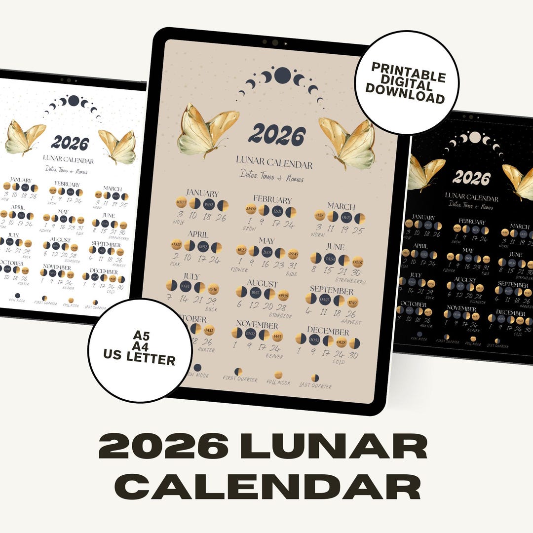 2026 Lunar Calendar Printable – Moon Phases, A4 A5 US Letter, Northern ...