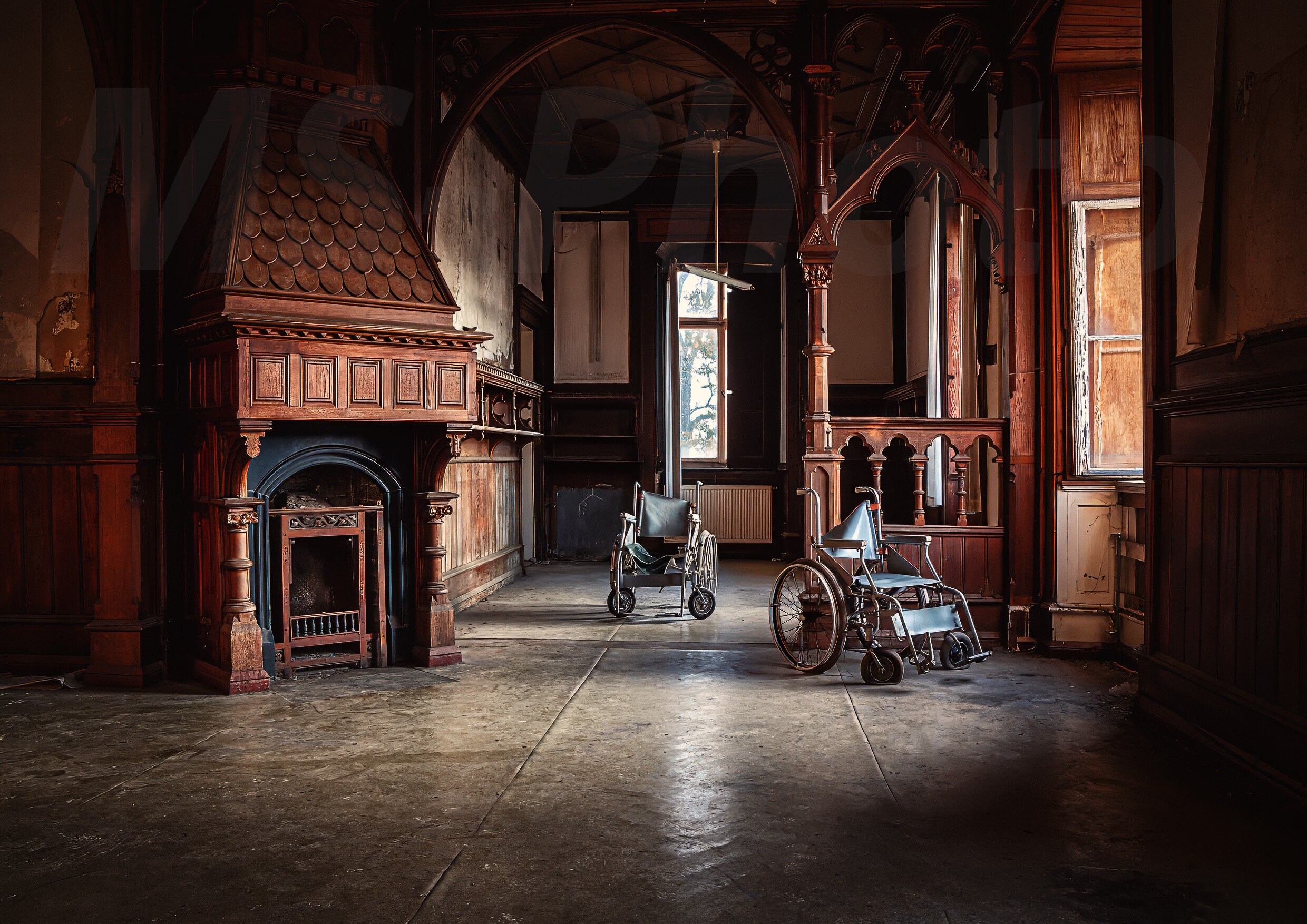 Abandoned Castle Interior Photo Print, Antique Fireplace & Wheelchairs ...