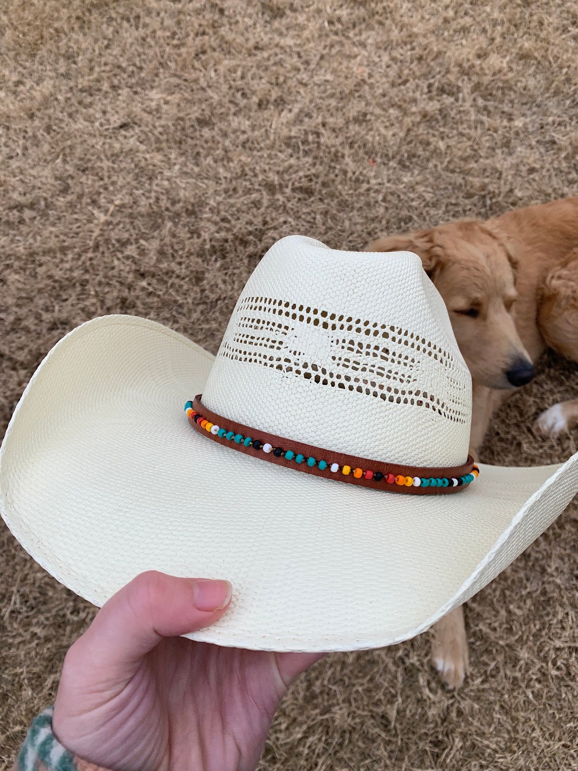 Southwestern Beaded Hat Band, Leather Hat Band, Leather Cowboy Hat Band, Handmade Hat Band ...