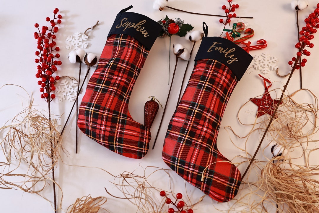 Custom Red Plaid Name Christmas Stocking - Personalized Christmas ...