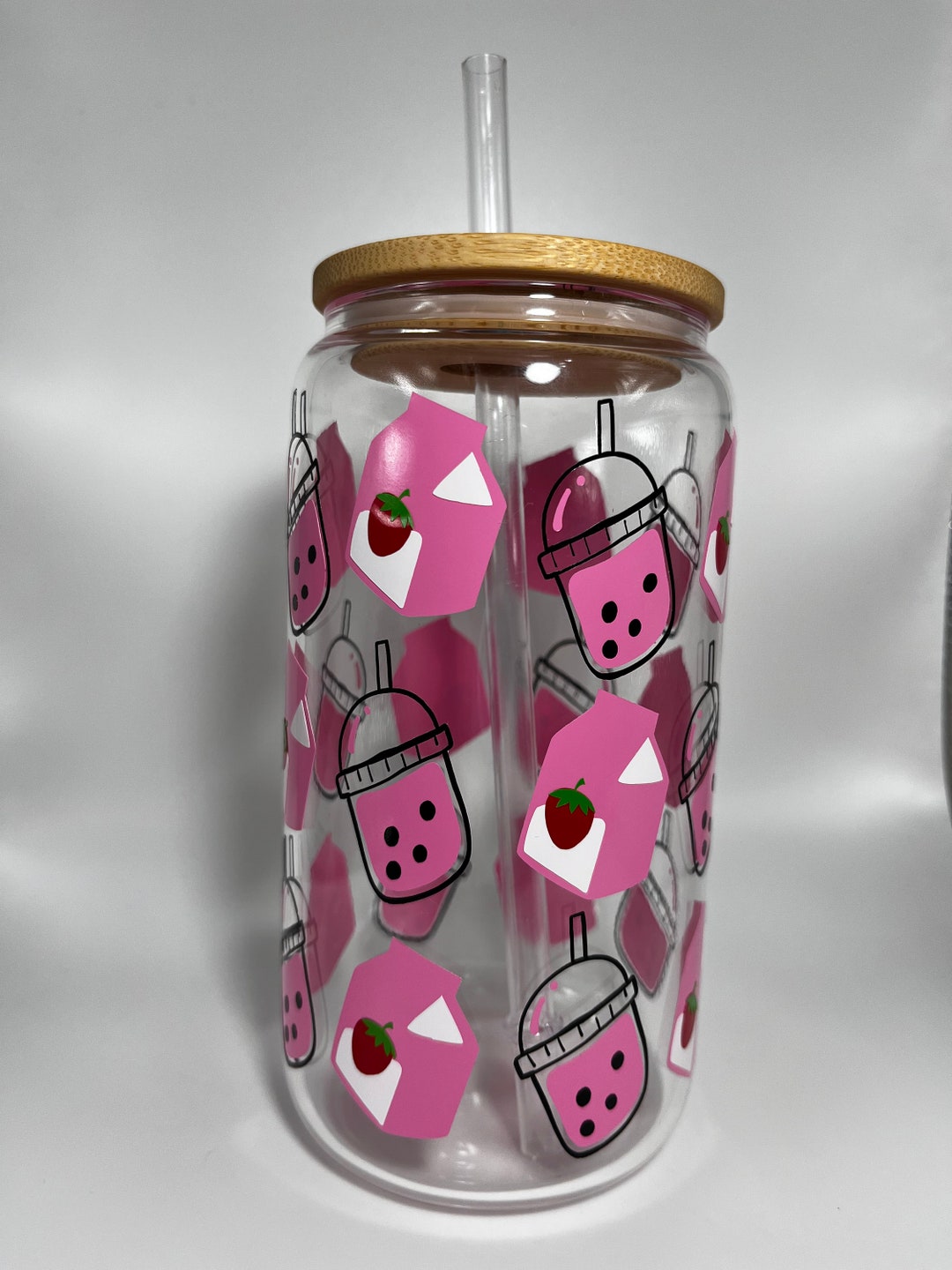 Strawberry Boba Glass Can| Bubble Tea Cup| Strawberry Pink Boba| Gift ...