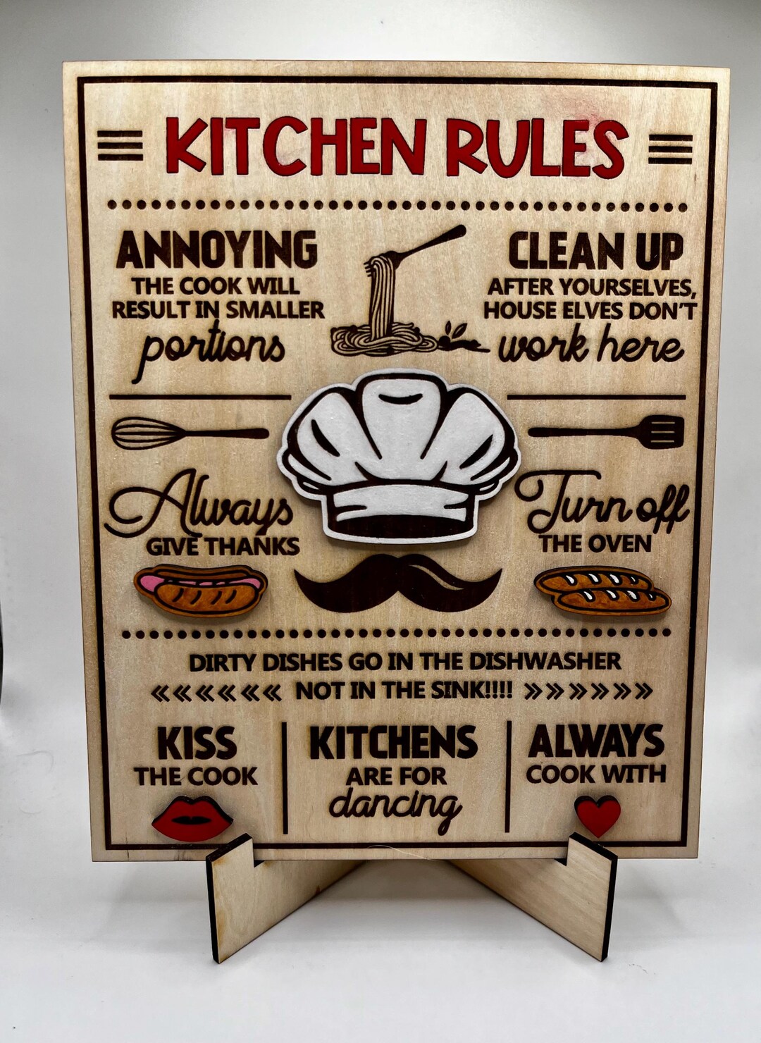 Funny Kitchen Rules Sign: Engraved Wooden Decor With Stand - Etsy