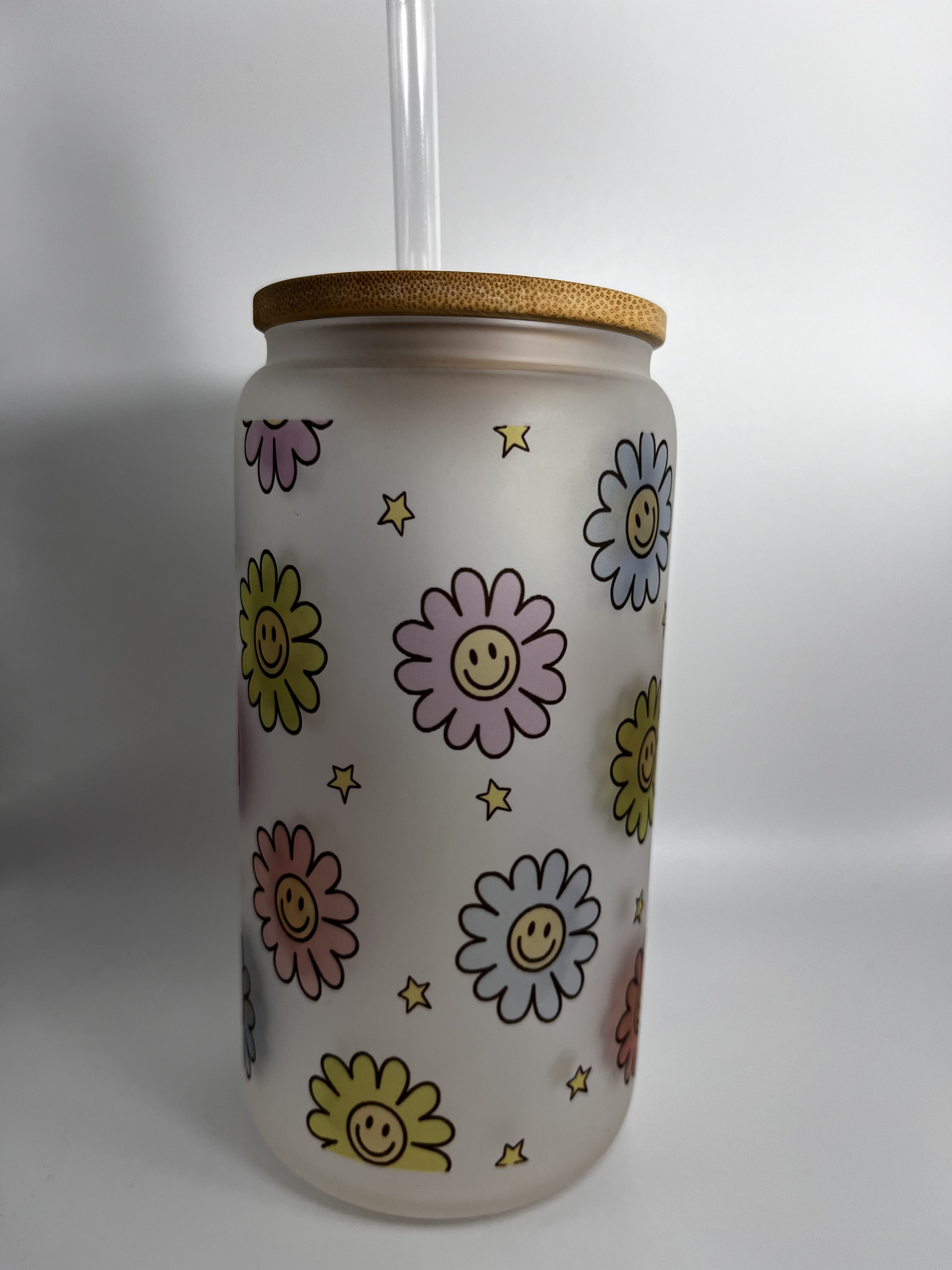 Smiley Face Daisies Glass Can| Smiley Face Beer Can Glass| Retro Smiley ...