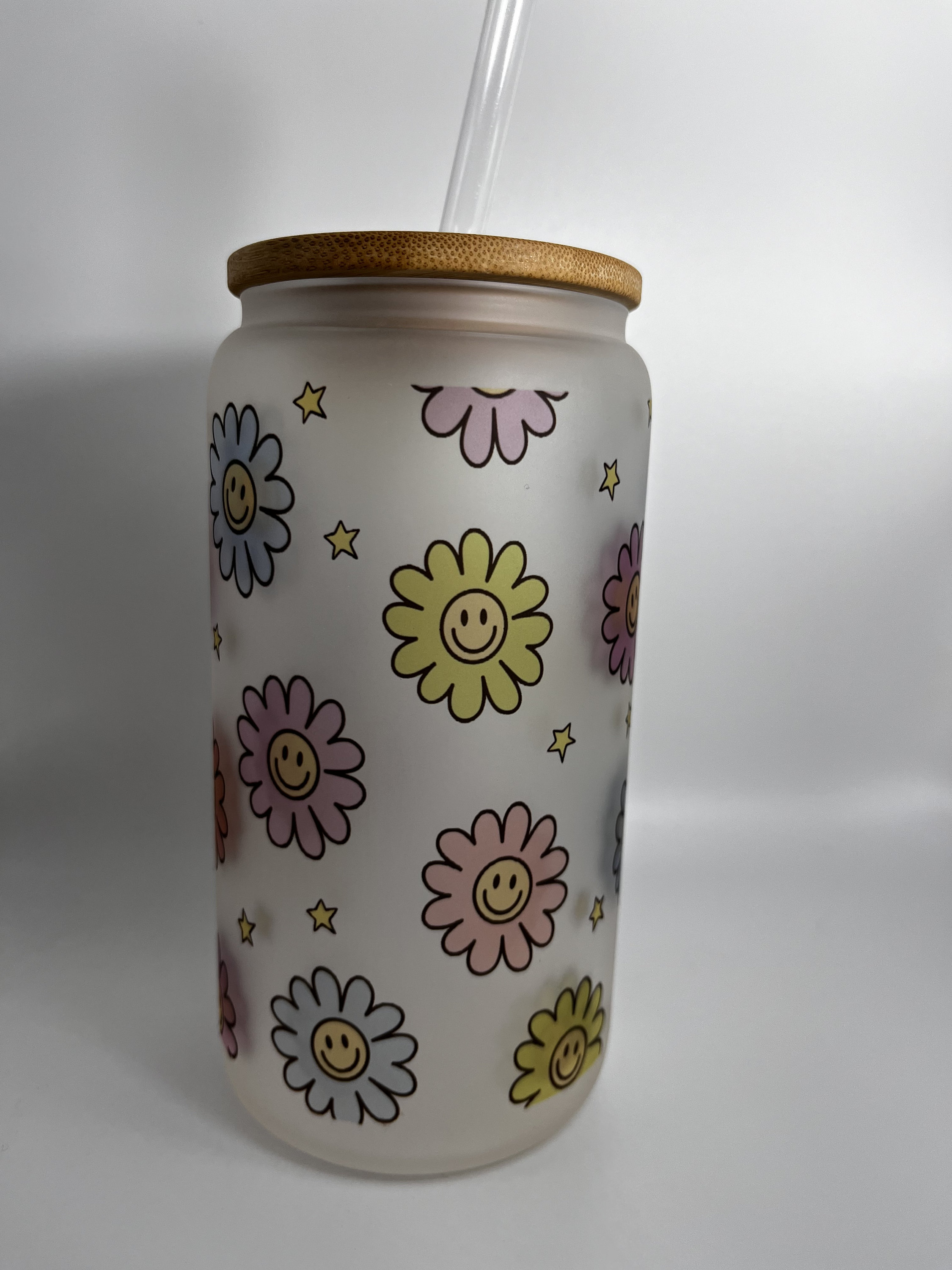 Smiley Face Daisies Glass Can| Smiley Face Beer Can Glass| Retro Smiley ...