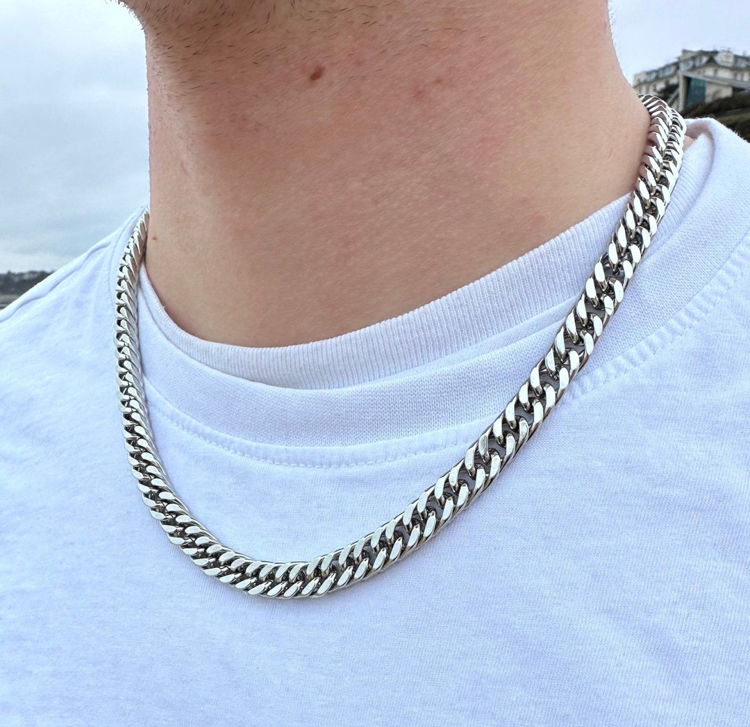 Mens Cuban Chain Silver 10MM Mens Silver Necklace Chunky Cuban Chain ...