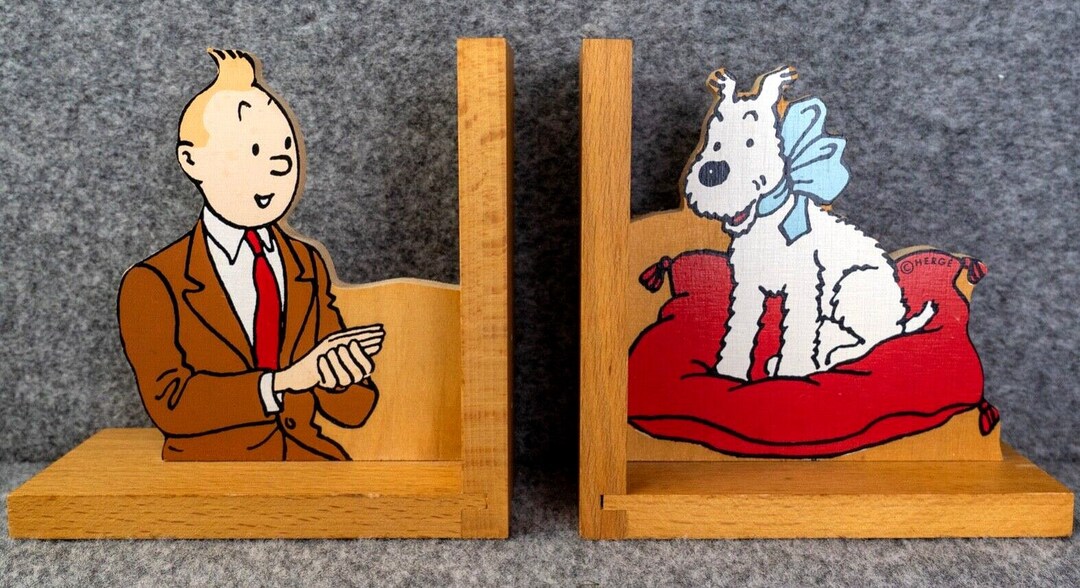 Set of 2 Vilac Wooden Tintin & Snowy Bookends 1993 Rare Painted 15x15cm ...