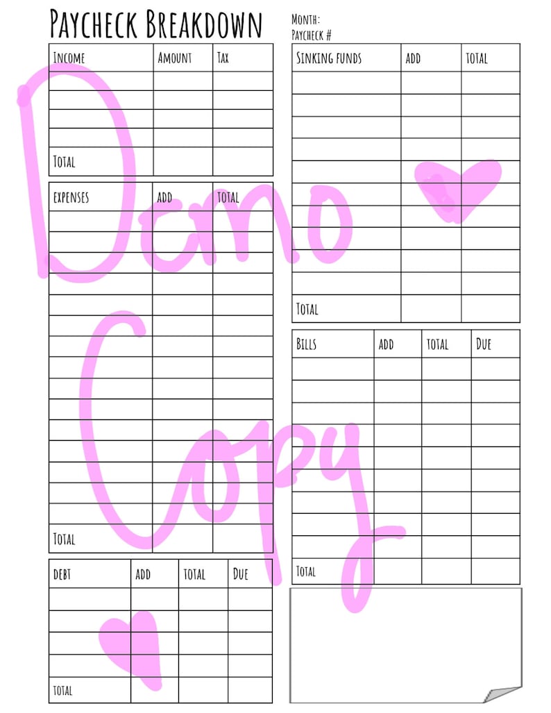 Budget Sheet Paycheck Breakdown Printable Digital PDF Template BLANK ...