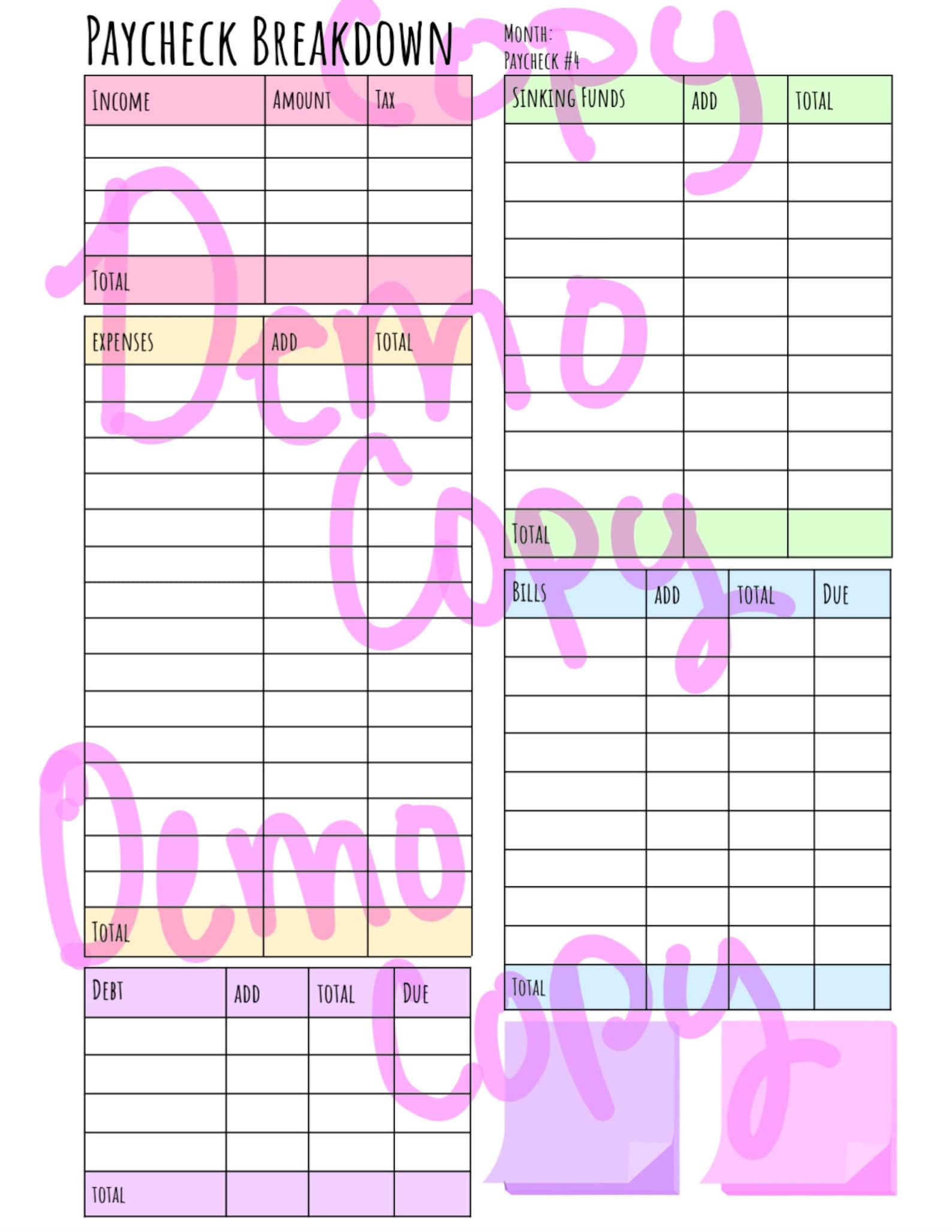 Budget Sheet Paycheck Breakdown Printable Digital PDF Template BLANK ...
