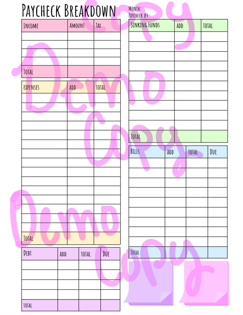 Budget Sheet Paycheck Breakdown Printable Digital PDF Template BLANK ...