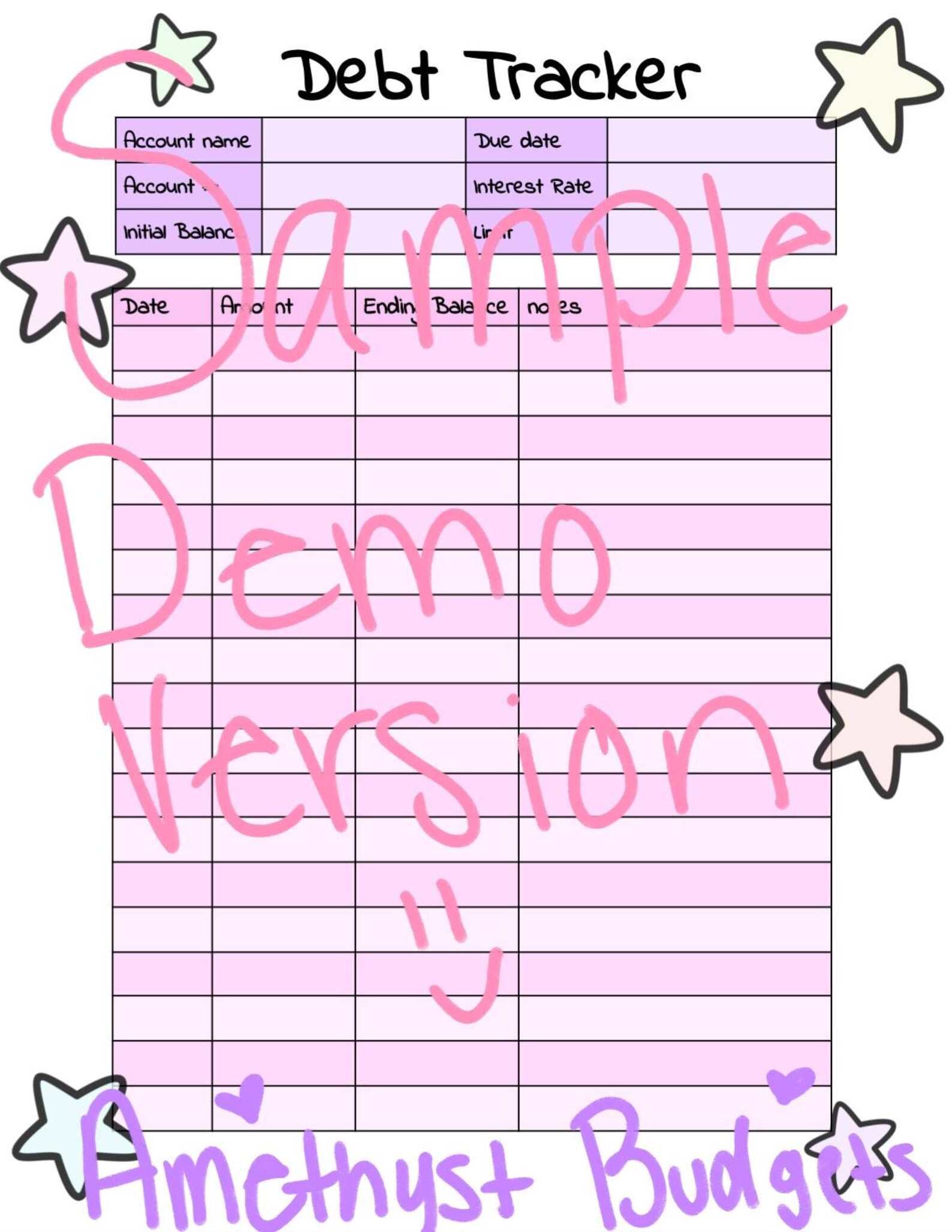 Cute Debt Credit Card Payment Tracker Pay off Sheet Kawaii Pink Purple ...