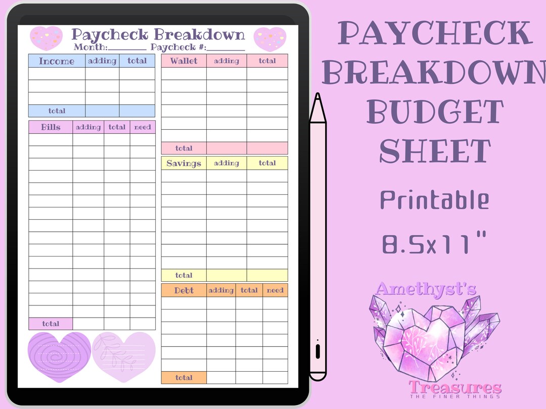 Budget Sheet Paycheck Breakdown Printable Digital PDF Template BLANK ...