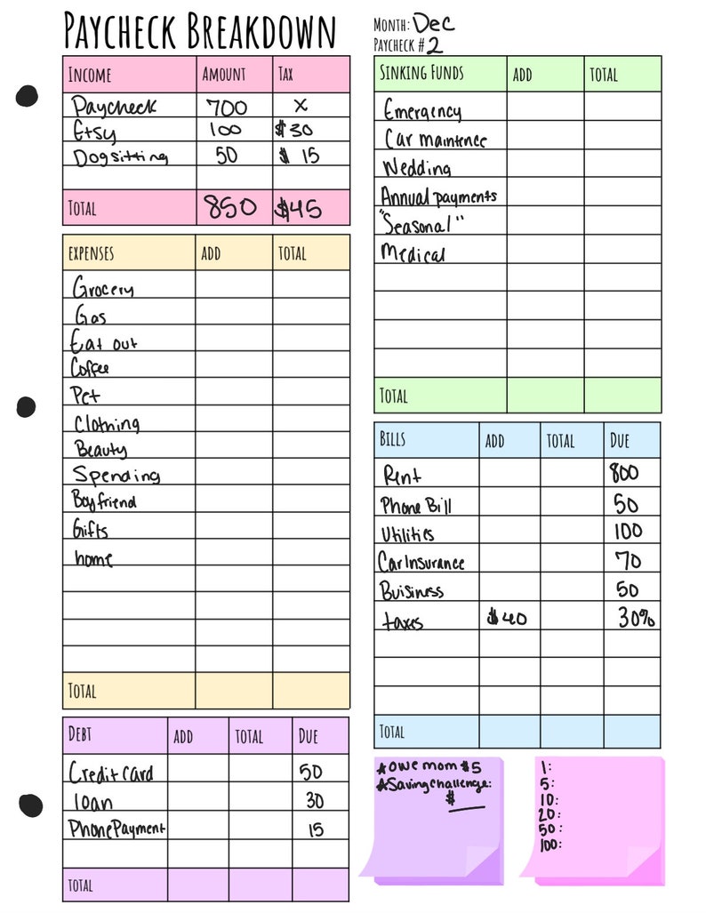 Budget Sheet Paycheck Breakdown Printable Digital PDF Template BLANK ...