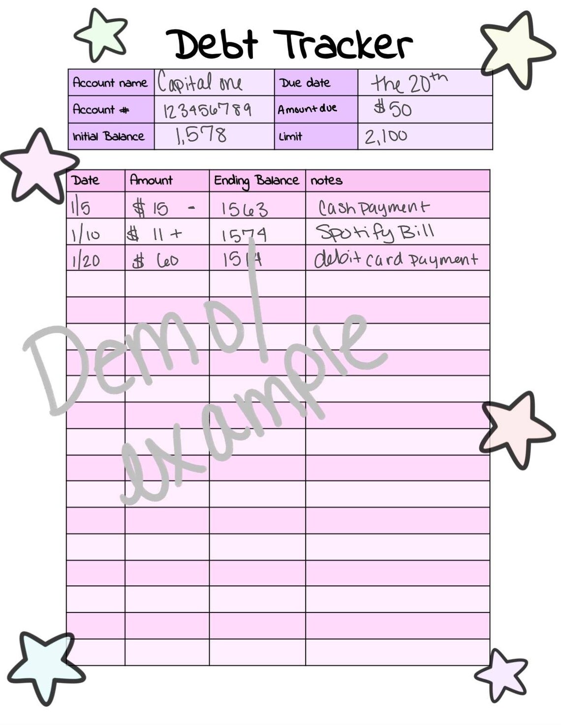 Cute Debt Credit Card Payment Tracker Pay off Sheet Kawaii Pink Purple ...