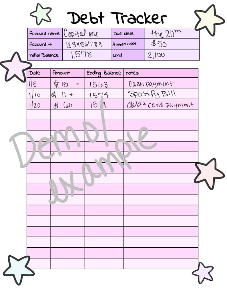 Cute Debt Credit Card Payment Tracker Pay off Sheet Kawaii Pink Purple ...