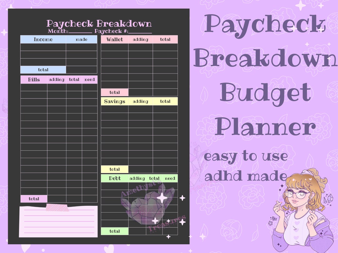 Budget Sheet Paycheck Breakdown Printable Digital PDF Template BLANK ...