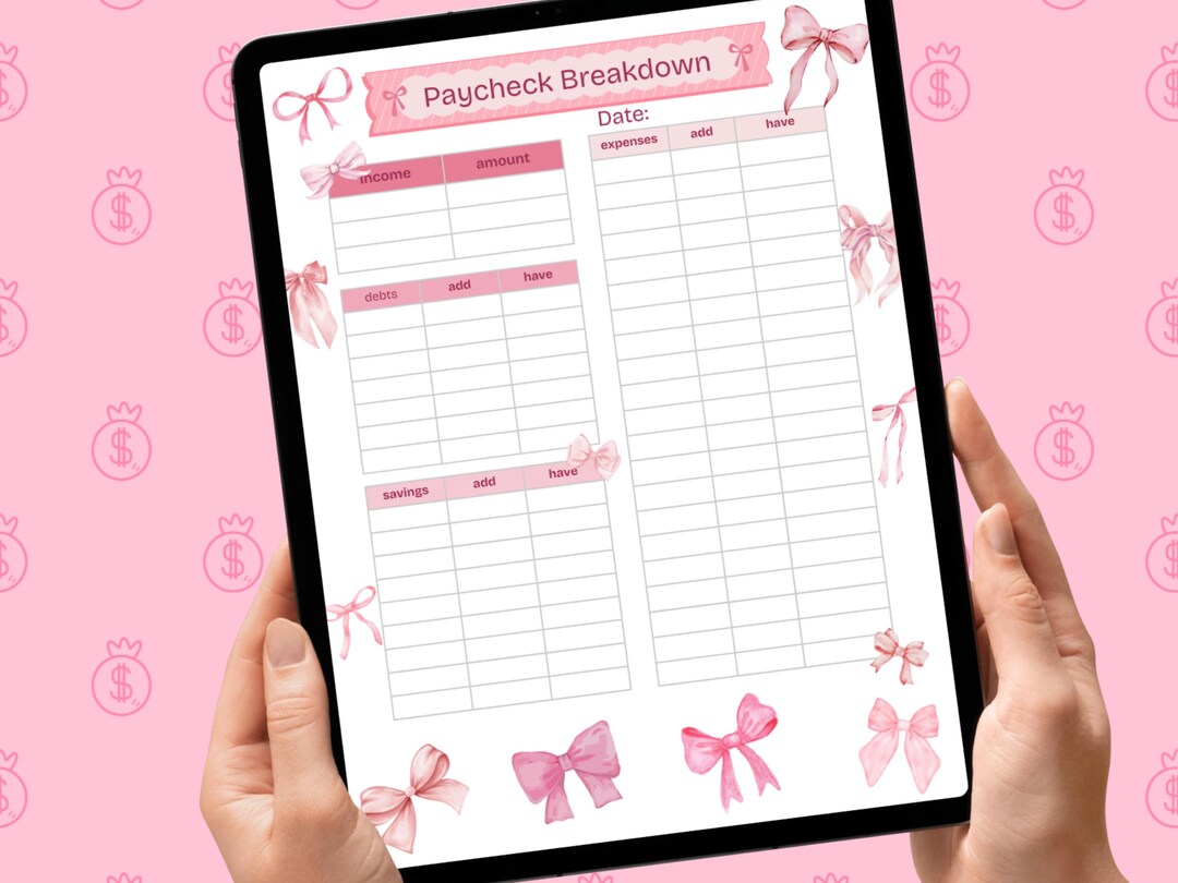 Pink Bow Paycheck Budget Planner, Cute Girly Design (PDF & PNG) - Etsy