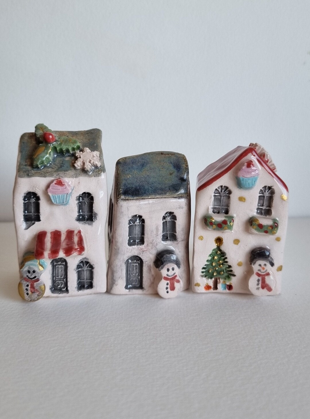 Handmade Ceramic Christmas Village Set of 3: Miniature Holiday Houses ...