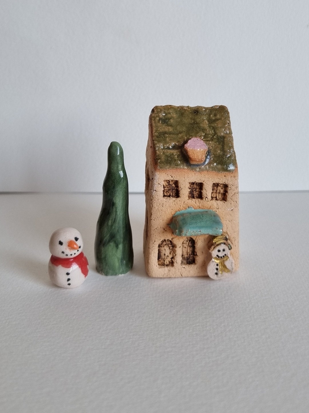Ceramic Miniature House Set of 3 With Snowman and Tree,ceramic ...