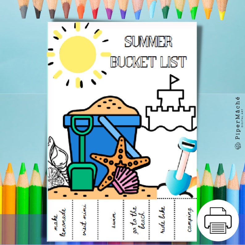 Kid's Printable Summer Bucket List Activity, Coloring Summer Activity ...