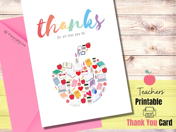 Printable Apple Thank You Card for Teachers Teacher Gift | Etsy