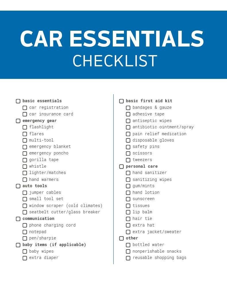 Car Essentials Checklist - Etsy