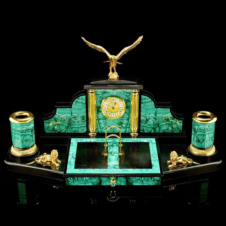 Desk Set for EXECUTIVES With Lamp eagle Bronze, Brass, Malachite ...