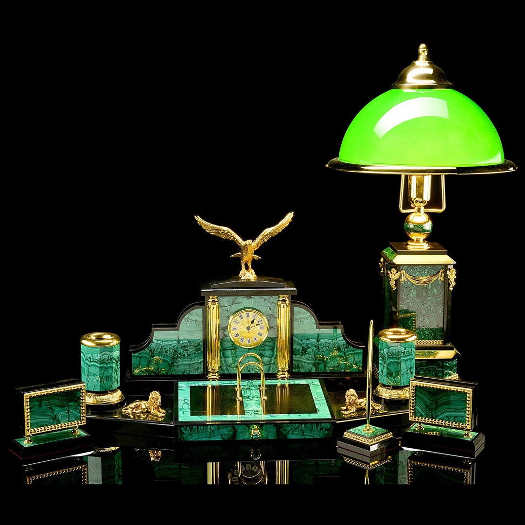 Desk Set for EXECUTIVES With Lamp eagle Bronze, Brass, Malachite ...