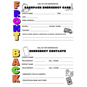Kids Emergency Backpack Card - Etsy