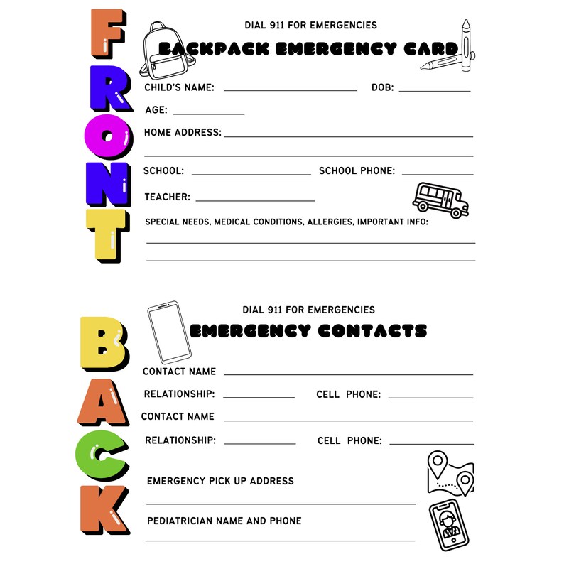 Kids Emergency Backpack Card - Etsy