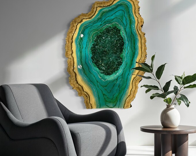 Emerald Geode Art, Original Geode Painting, Crystal Painting, Resin ...