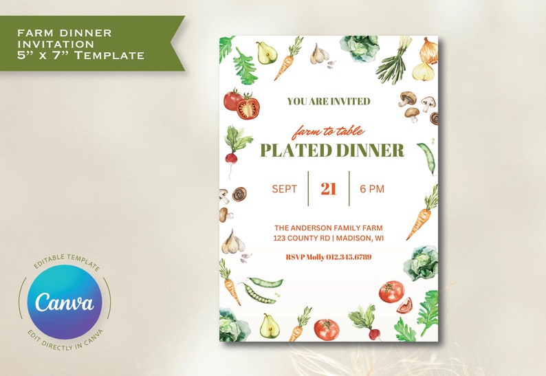 Editable FARM HARVEST DINNER Canva Digital Template Invitation Farm to ...