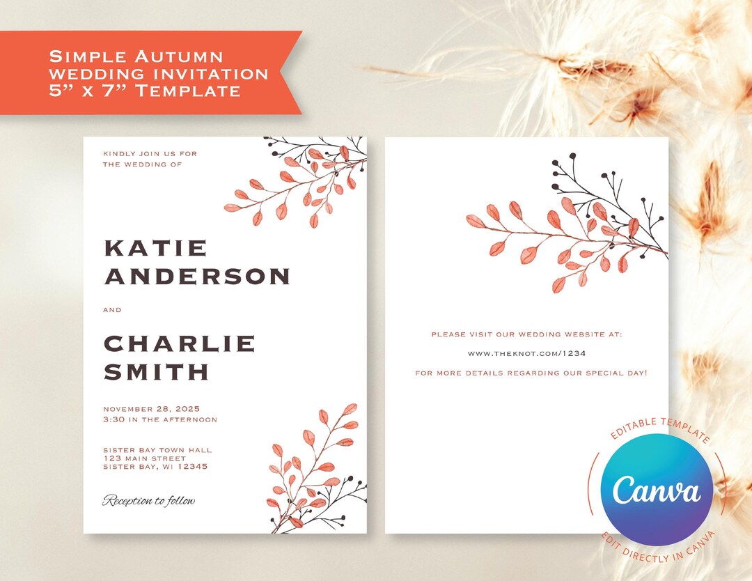Simple Autumn Wedding Invitation INVITE Fall Branch & Leaves Warm ...