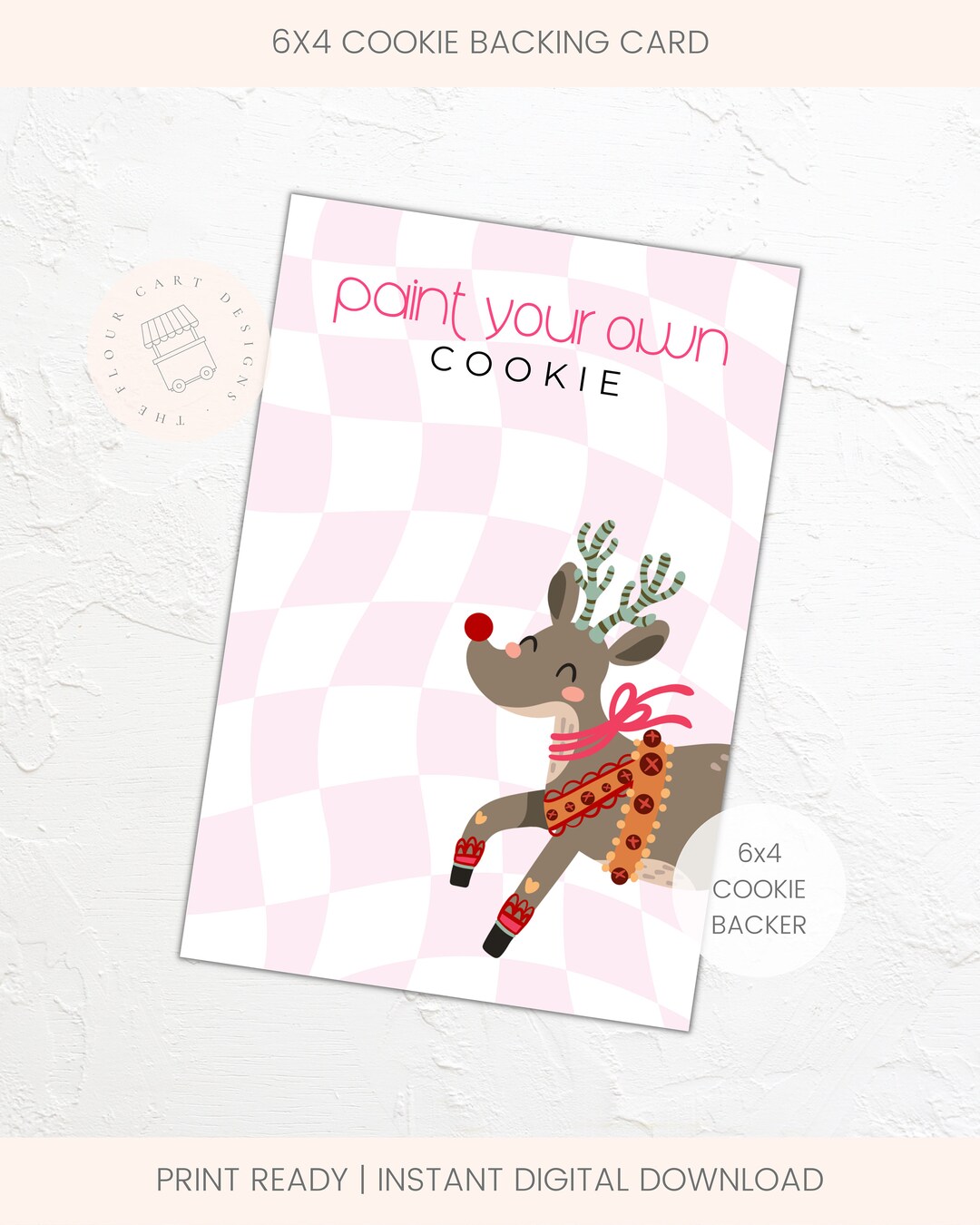 DIGITAL 'paint Your Own Cookie' PINK Christmas Reindeer Backing Card 6 ...
