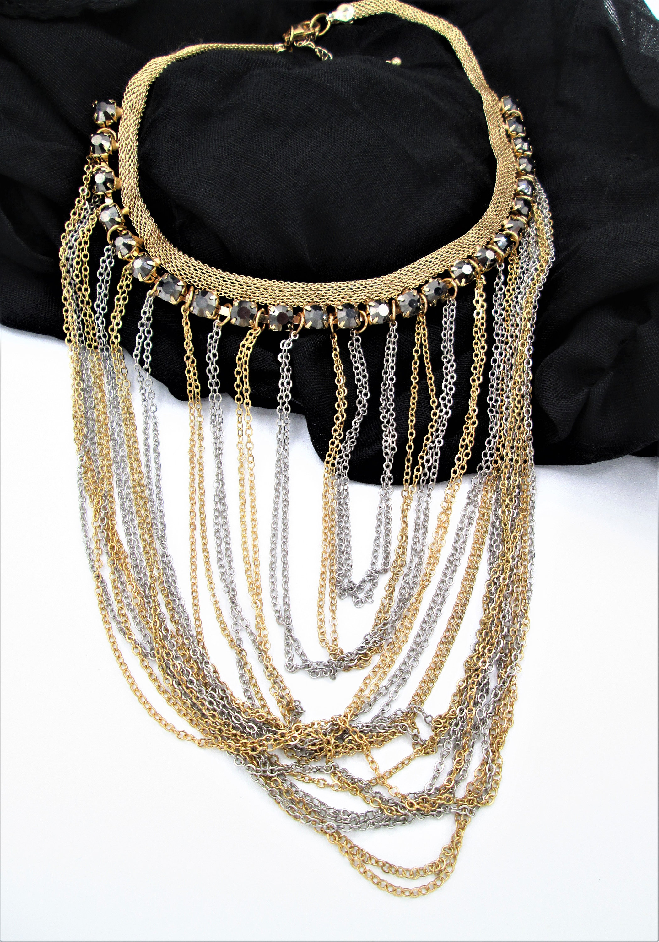 Vintage Mesh Choker Chain 24 Strand Rhinestone Waterfall Chandelier ...