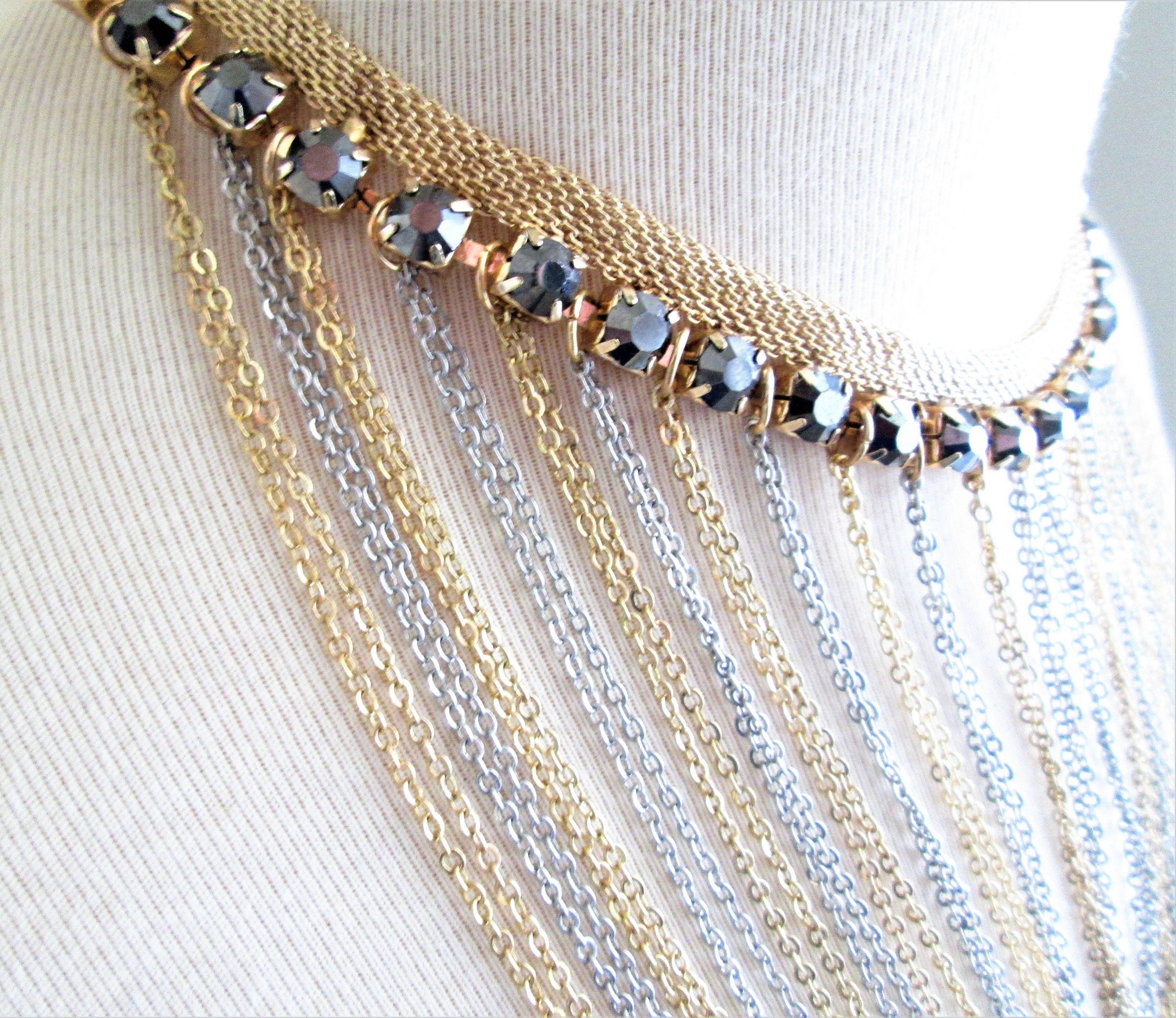 Vintage Mesh Choker Chain 24 Strand Rhinestone Waterfall Chandelier ...