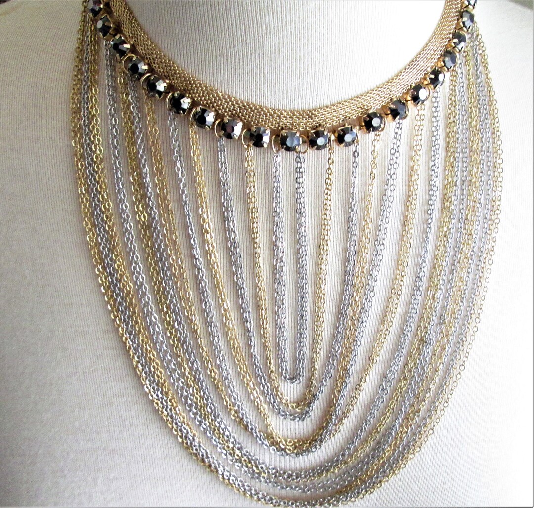 Vintage Mesh Choker Chain 24 Strand Rhinestone Waterfall Chandelier ...