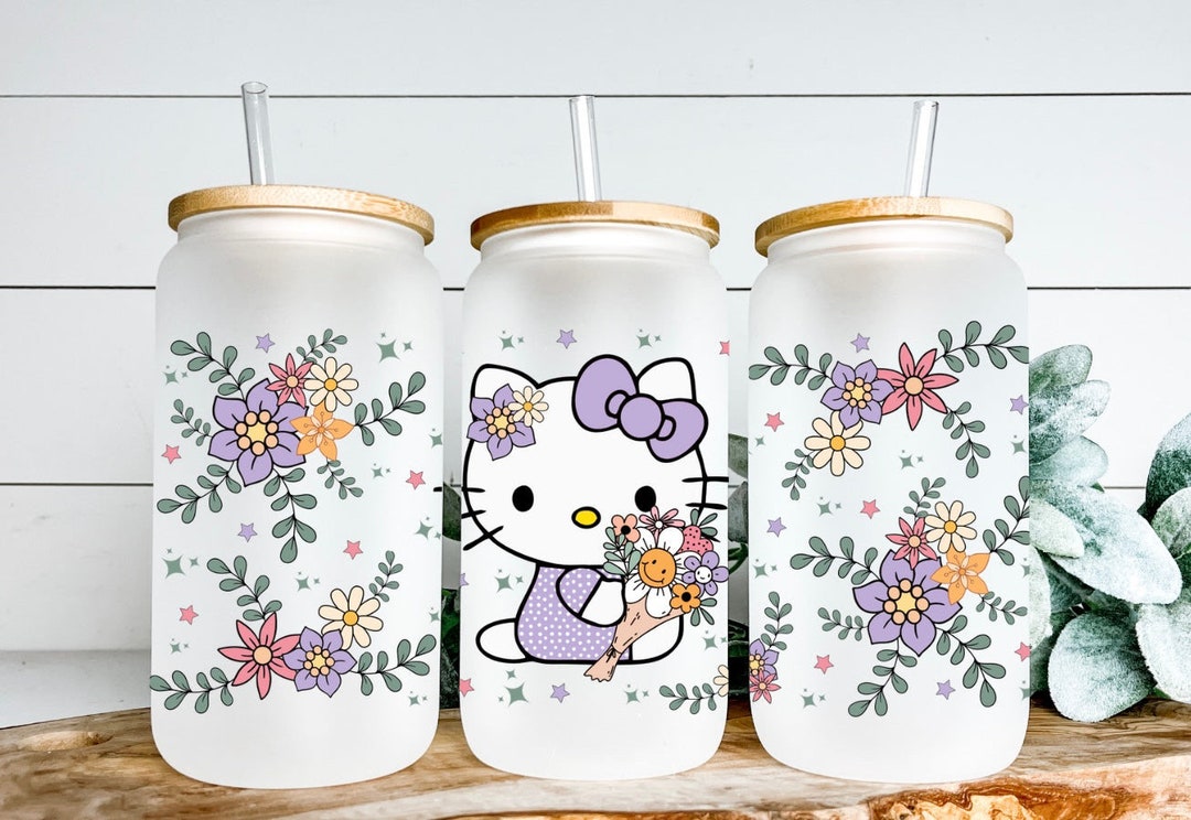 Hello Purple Kitty Glass Cup - Etsy