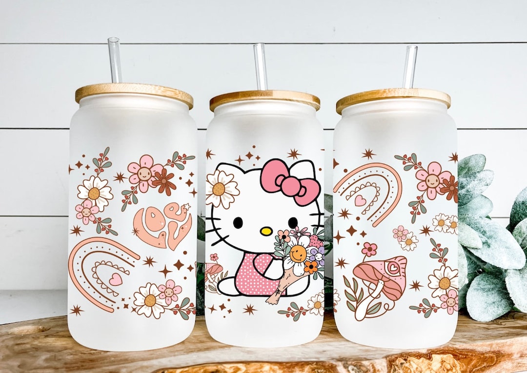 Hello Pink Kitty Glass Cup - Etsy