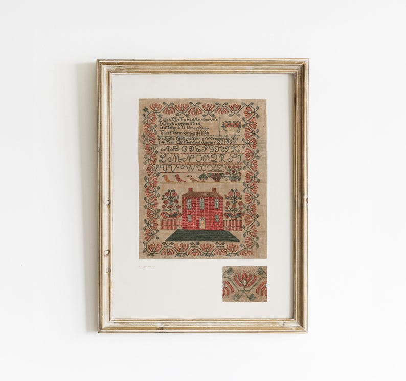 Primitive Sampler Print – Folk Art Watercolor – Antique Needlework Art ...