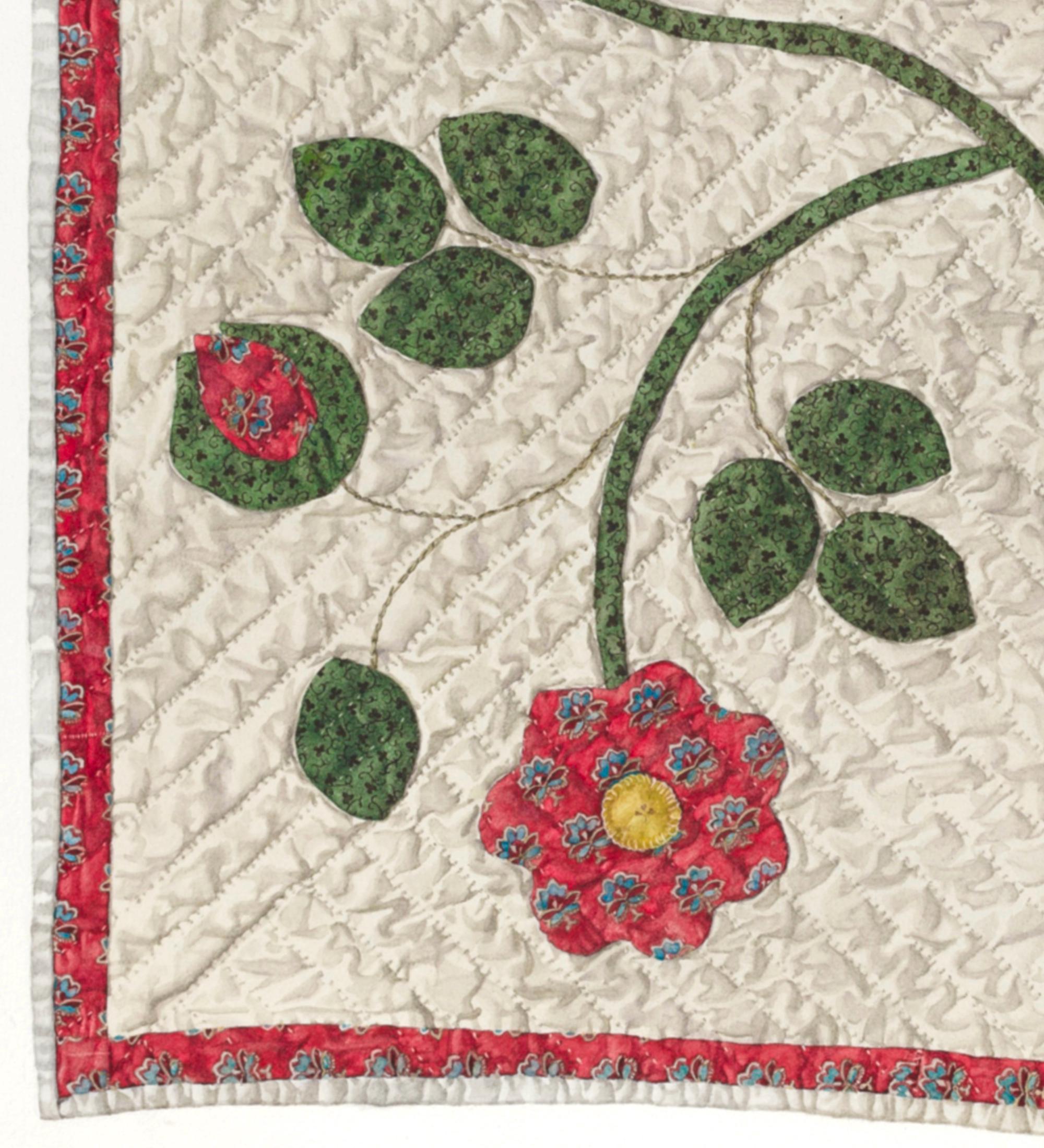 Primitive Quilt Art Print: Red & Green Appliqué, Early American Folk ...