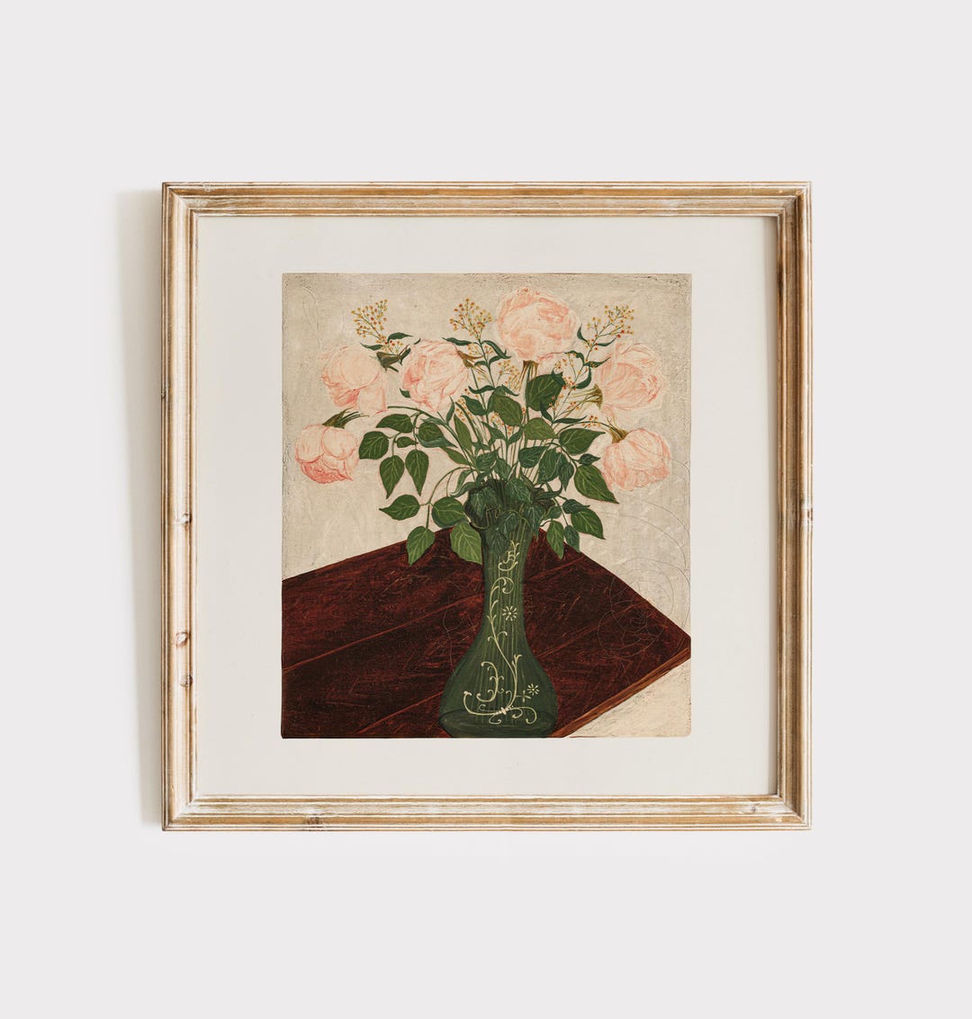 Primitive Floral Wall Art • Pink Roses Still Life Print • Naive Early ...