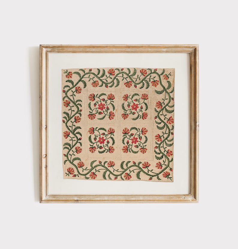 Antique Applique Quilt Art Print: Red and Green Primitive Folk Art ...